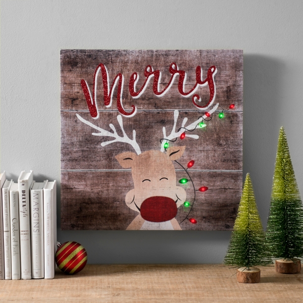 Pre Lit Merry Reindeer Canvas Art Print Kirklands Home