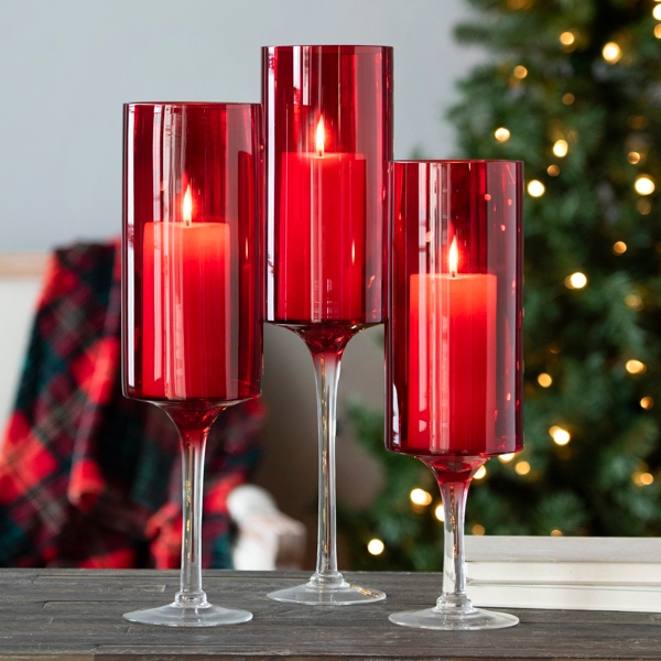 Kirklands Red Glass Stemmed Hurricanes, Set of 3 | Hamilton Place