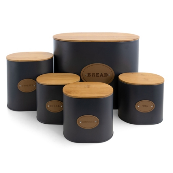 Gray Metal and Bamboo Label Canisters, Set of 5 | Kirklands Home