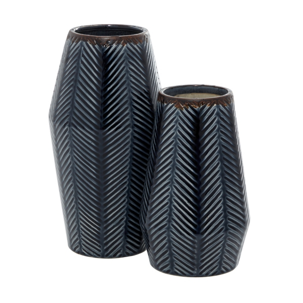 Navy Carved Chevron Ceramic Vases, Set of 2 | Kirklands Home