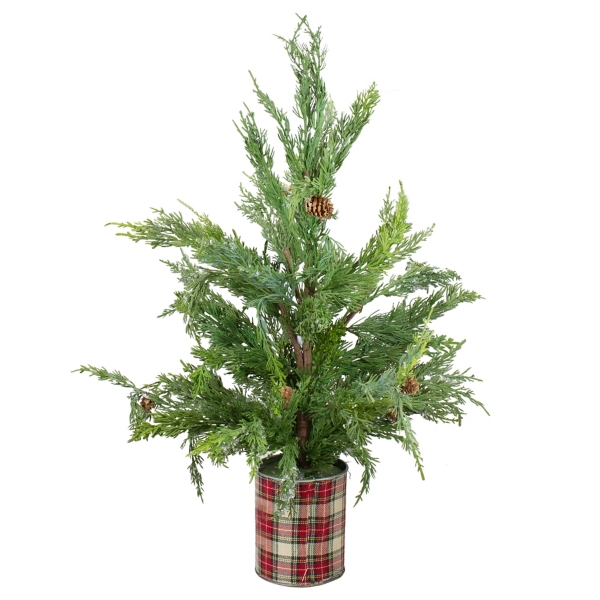 Iced Mini Cedar Tree in Plaid Metal Planter | Kirklands Home