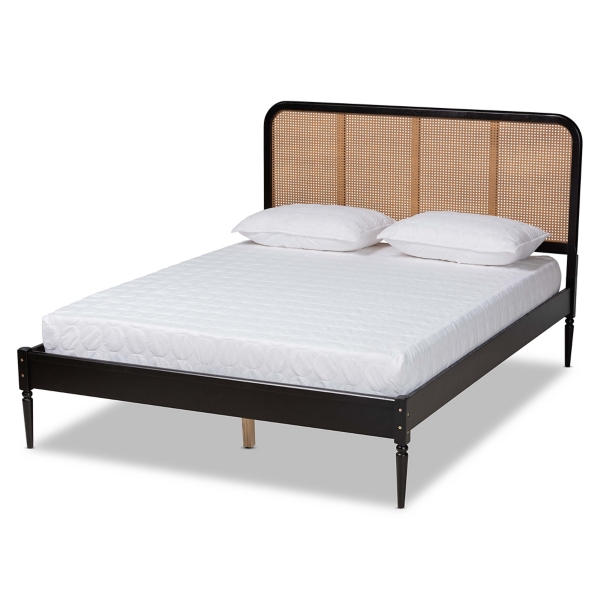 Mid Century Black Wood Rattan Queen Platform Bed