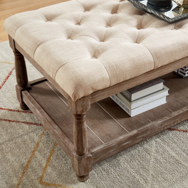 Kirklands Beige Tufted Linen and Wood Bench | Hamilton Place