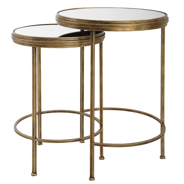 Gold Metal Mirror Top 2 pc. Nesting Side Table Set