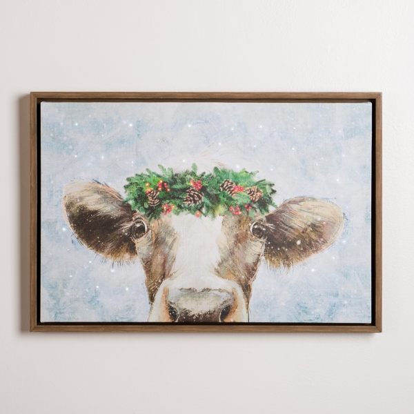 Kirklands LED Cow with Christmas Greenery Canvas Art Print | Hamilton Place