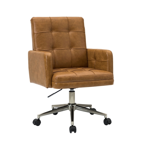Camel Tufted Faux Leather Swivel Office Chair