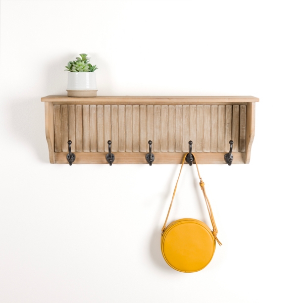 Kirklands Natural Wood Shutter Wall Shelf with Hooks | Hamilton Place