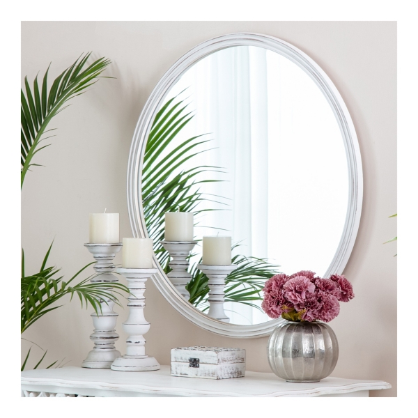 Kirklands Distressed White Carved Round Wall Mirror | Hamilton Place