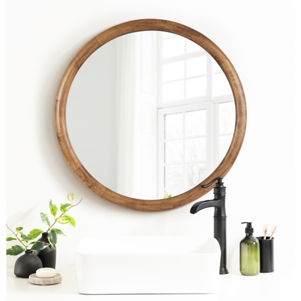 Kirklands Rustic Poplar Wood Round Wall Mirror | Hamilton Place