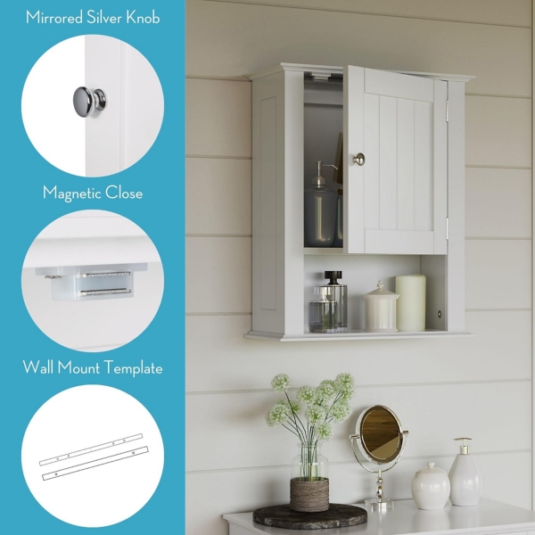 Kirklands White Wood Single Door Open Shelf Wall Cabinet | Hamilton Place