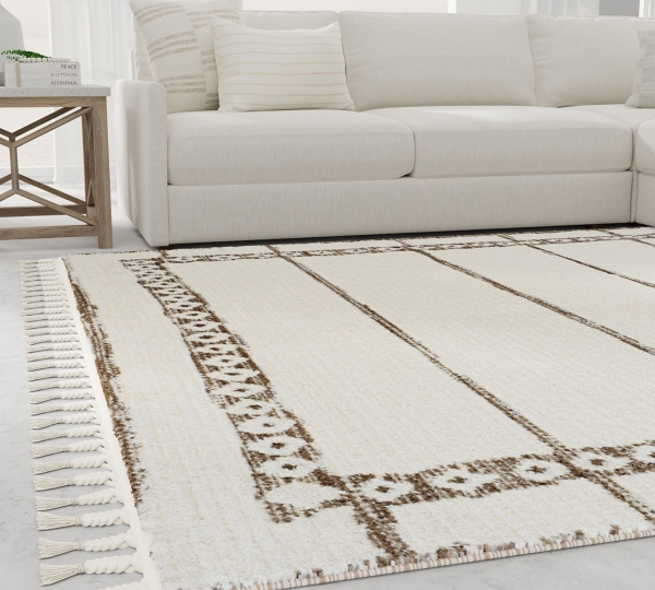 Kirklands Tan & White Striped Block Border Area Rug, 5x7 | Hamilton Place