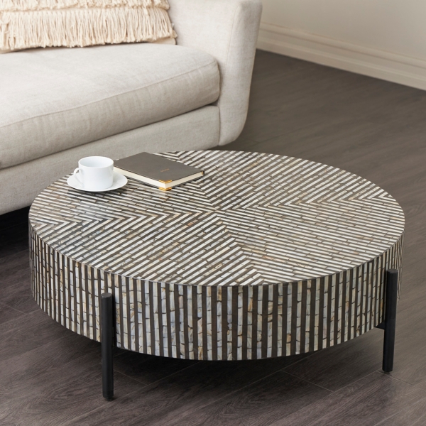 Kirklands Round Geometric Stripe Shell Coffee Table | Hamilton Place