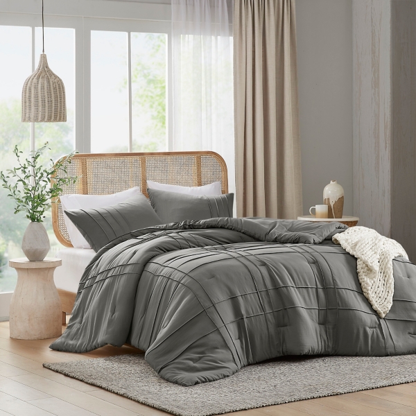 Gray Pleated Grid Queen Comforter Set | Kirklands Home
