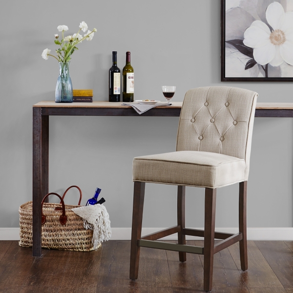 Kirklands Tan Tufted Upholstered Wood Counter Stool | Hamilton Place