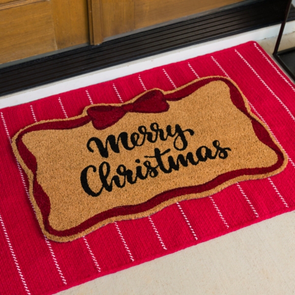 Merry Christmas Red Bow Shaped Coir Doormat | Kirklands Home
