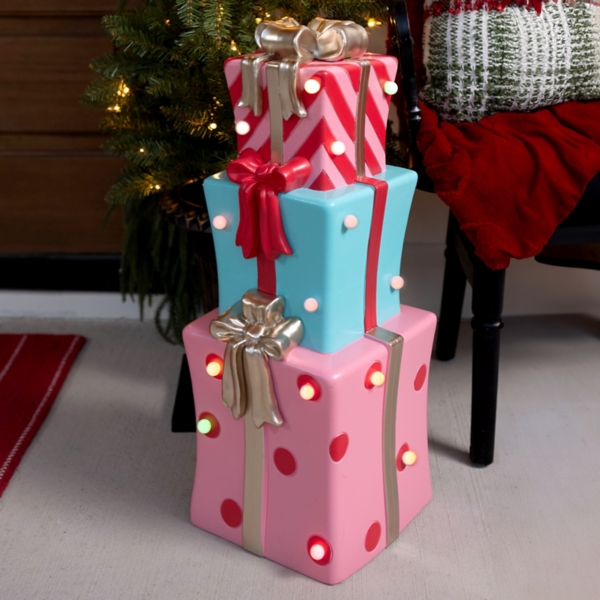 LED Pink Present Stack Blow Mold Statue | Kirklands Home