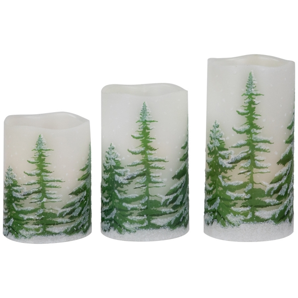 Kirklands LED Flickering Pine Tree Pillar Candles, Set of 3 at Hamilton ...