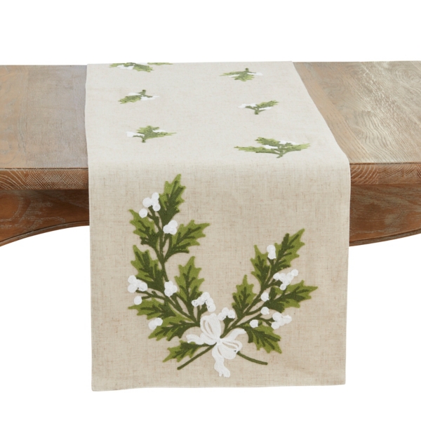 Linen Holly Leaves Christmas Table Runner | Kirklands Home